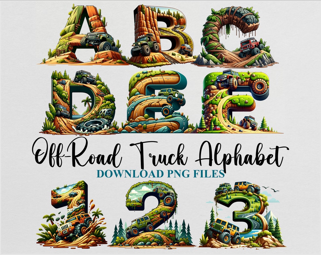 Off-road 4x4 Truck Landscape Mountain Alphabet Letters Watercolor ...