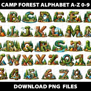 Camp Forest Outdoor Letters Alphabet Numbers Watercolor Clipart Bundle ...