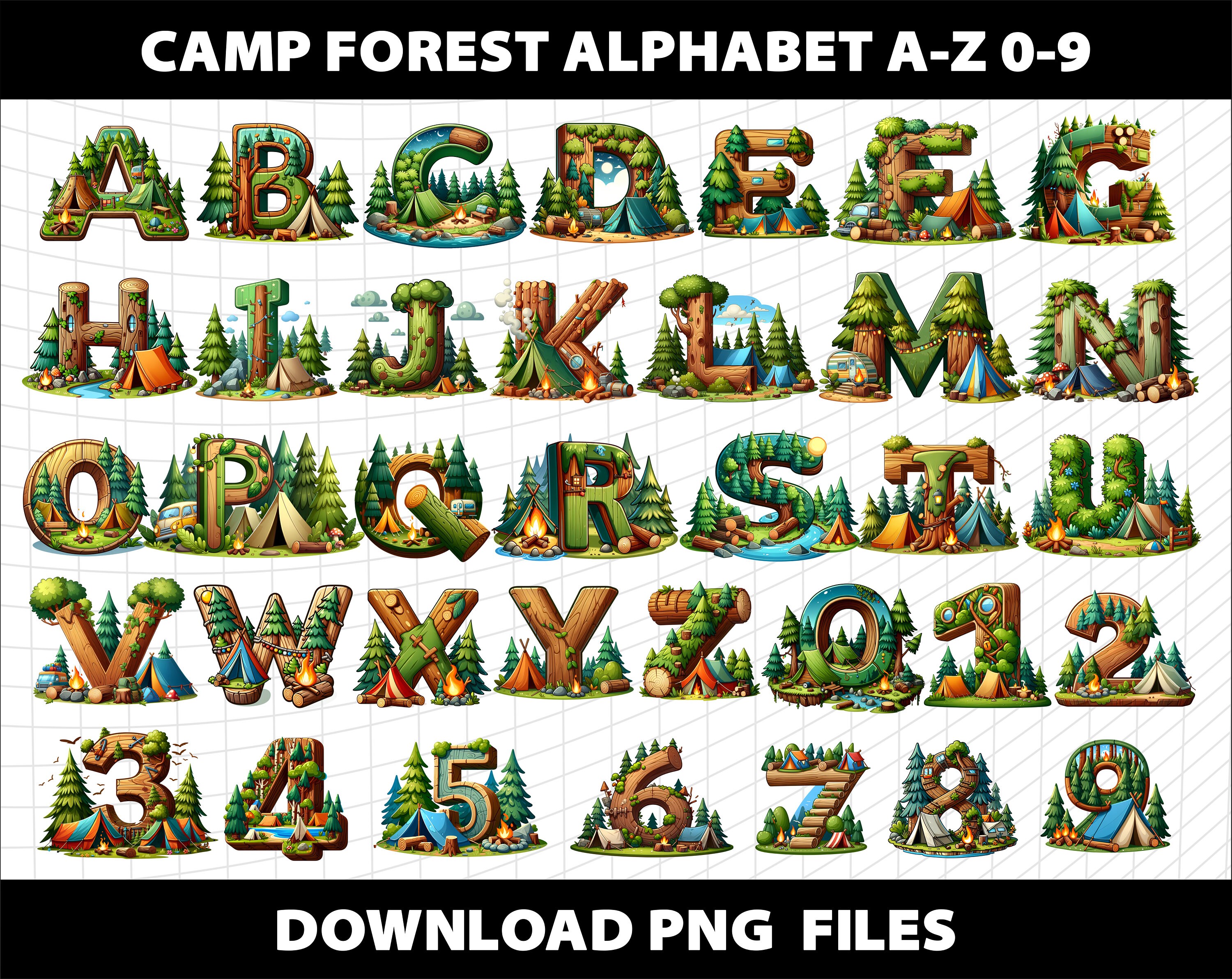 Camp Forest Outdoor Letters Alphabet Numbers Watercolor Clipart Bundle ...