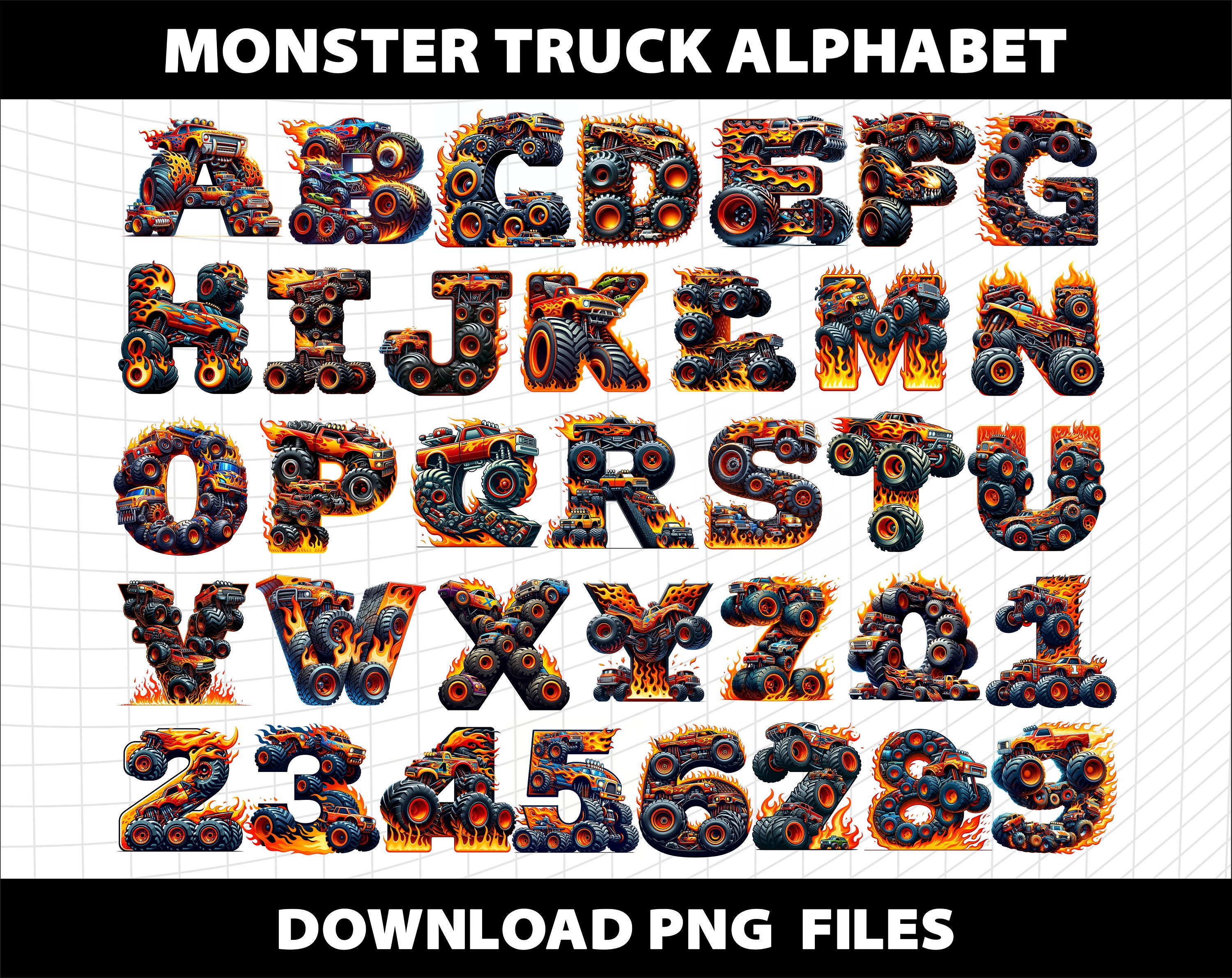 Monster Truck Alphabet Letters Watercolor Cliparts Birthday Party DTF ...