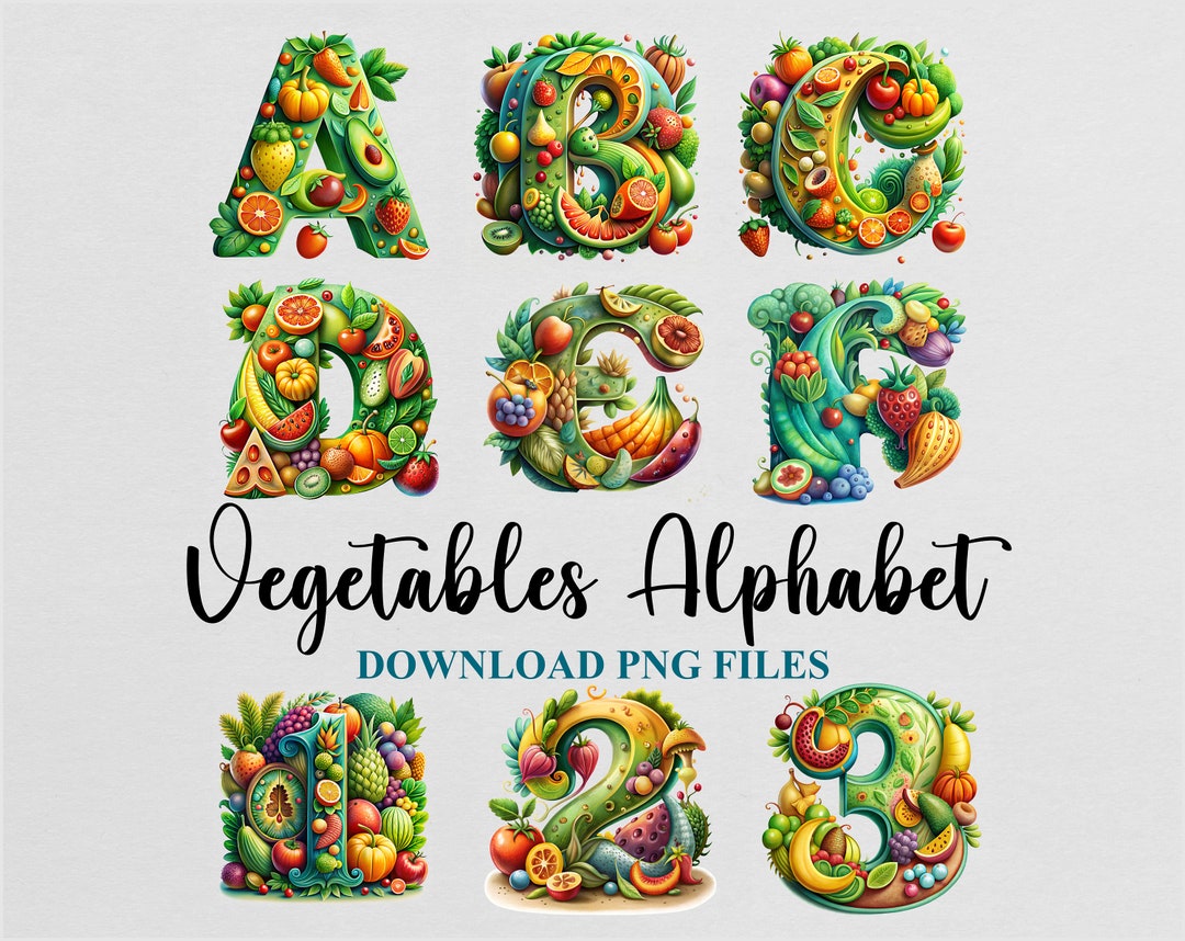 Vegetables and Fruit Letters Alphabet Numbers Cliparts Sublimation ...