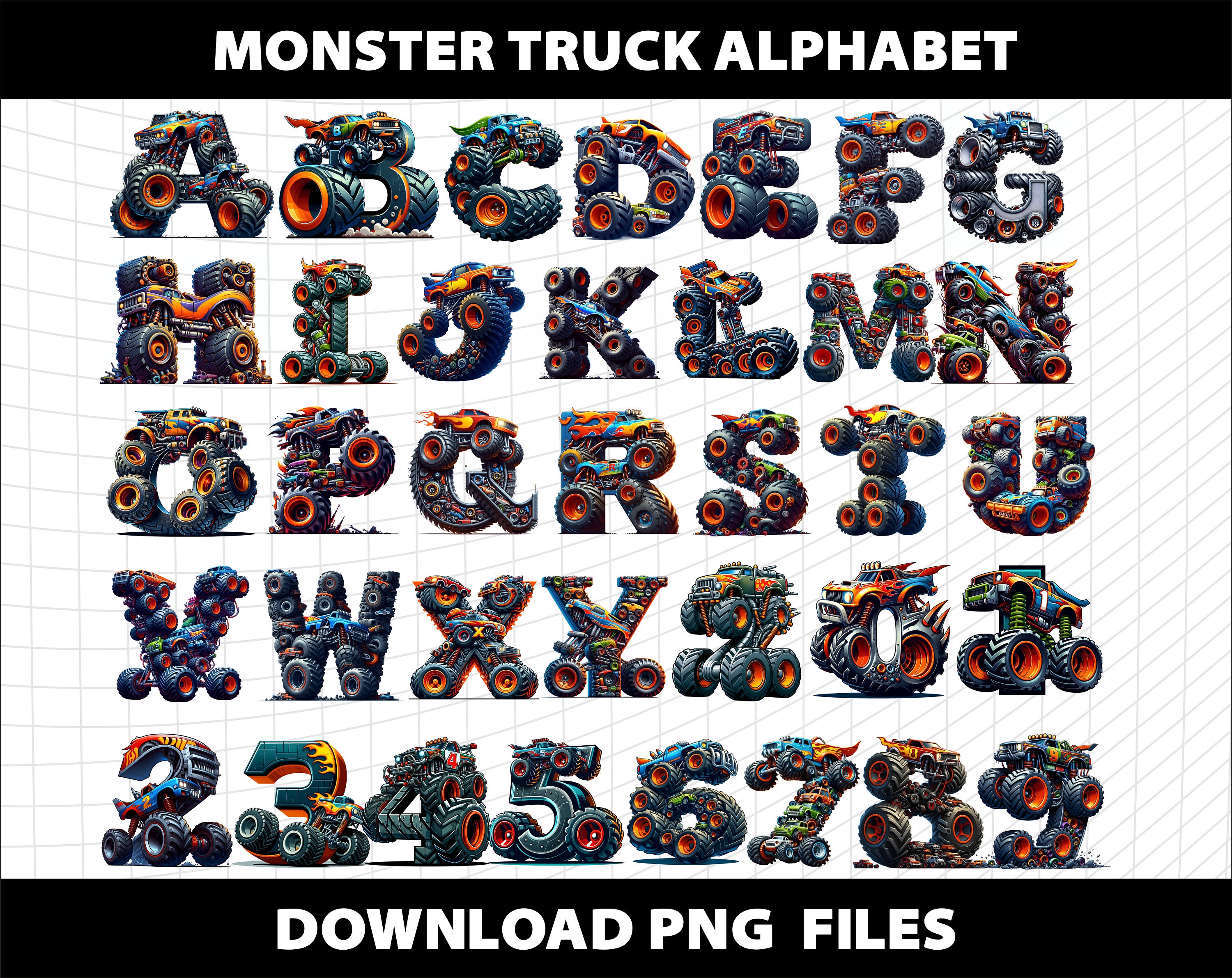 Monster Truck Alphabet Letters Watercolor Cliparts Birthday Party DTF ...