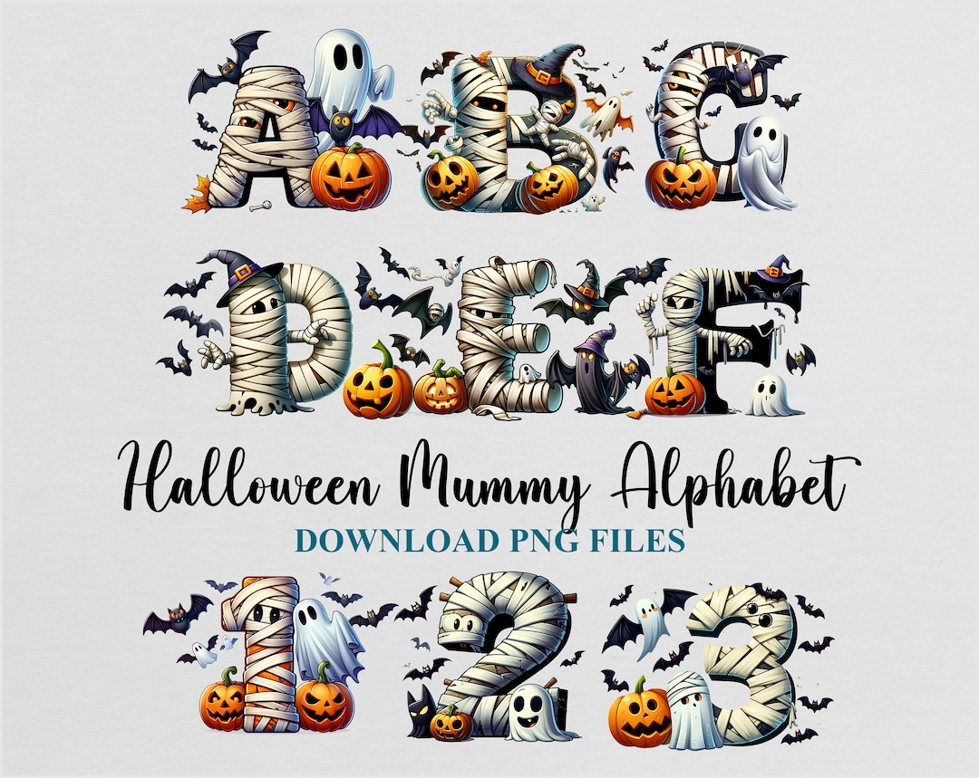 Halloween Mummy Spooky Alphabet Letters Cliparts Sublimation PNG Doodle ...