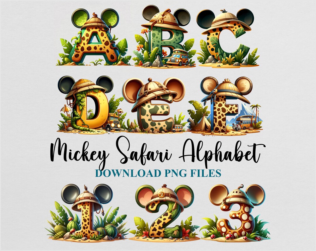 Mickey Safari Alphabet Letters Watercolor Cliparts Sublimation PNG ...