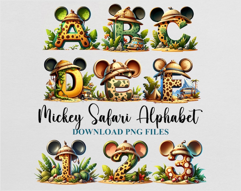 Mickey Safari Alphabet Letters Watercolor Cliparts Sublimation PNG ...