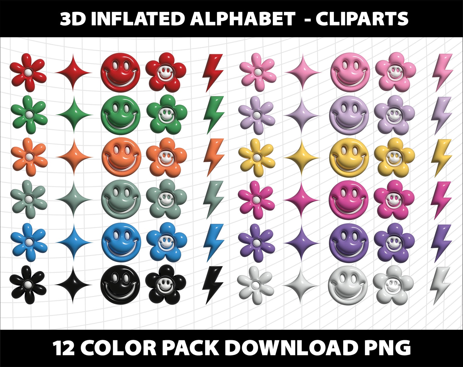 3d Inflated Puffy Retro Letters Alphabet Numbers 12 Pack Bundle Design ...