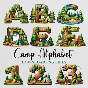 Camp Forest Outdoor Letters Alphabet Numbers Watercolor Clipart Bundle ...