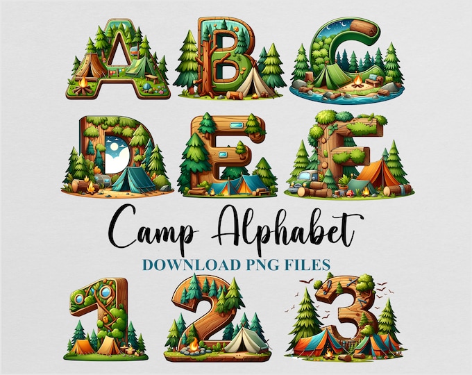 Camp Forest Outdoor Letters Alphabet Numbers Watercolor Clipart Bundle ...