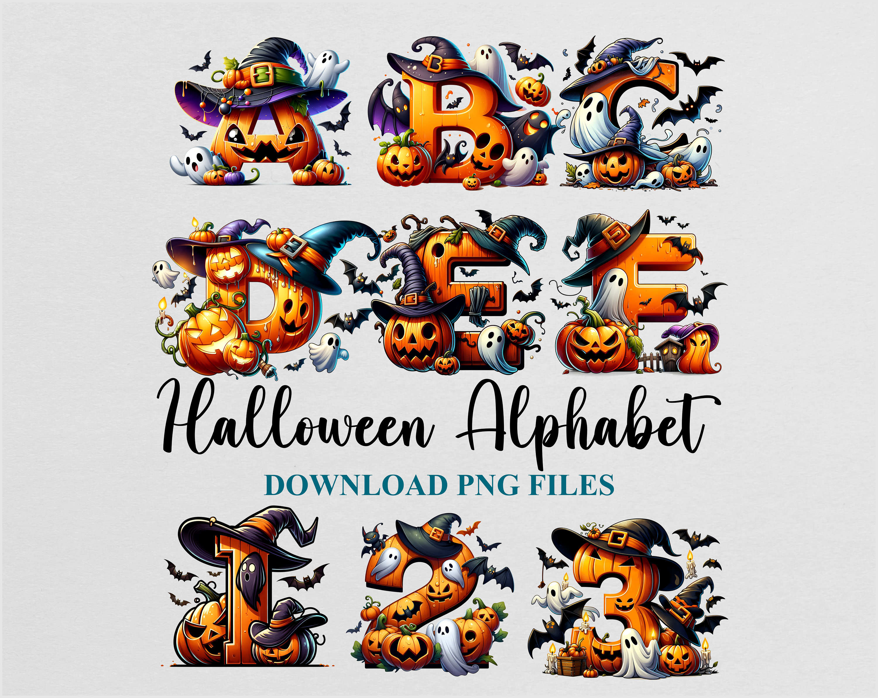 Halloween Pumpkin Alphabet Letters Watercolor Cliparts Sublimation PNG ...