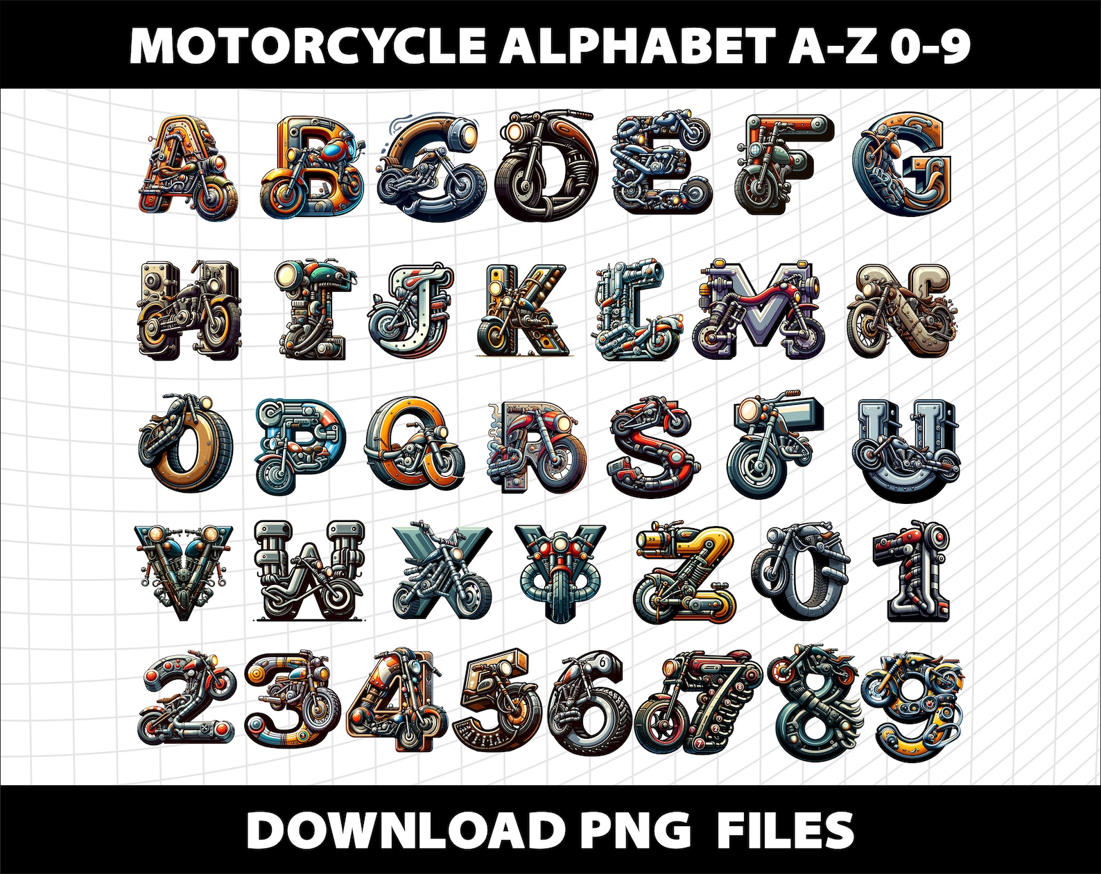 Motorcycle Alphabet Letters Motorbike Cliparts Sublimation PNG Doodle ...