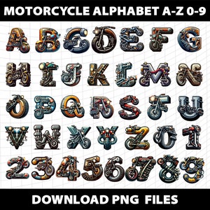 Motorcycle Alphabet Letters Motorbike Cliparts Sublimation PNG Doodle ...