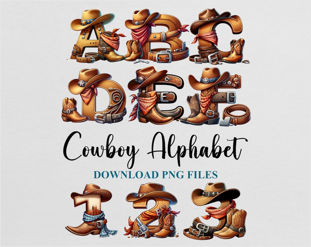 Cowboy Western Letters Alphabet Cliparts Watercolor Sublimation PNG ...