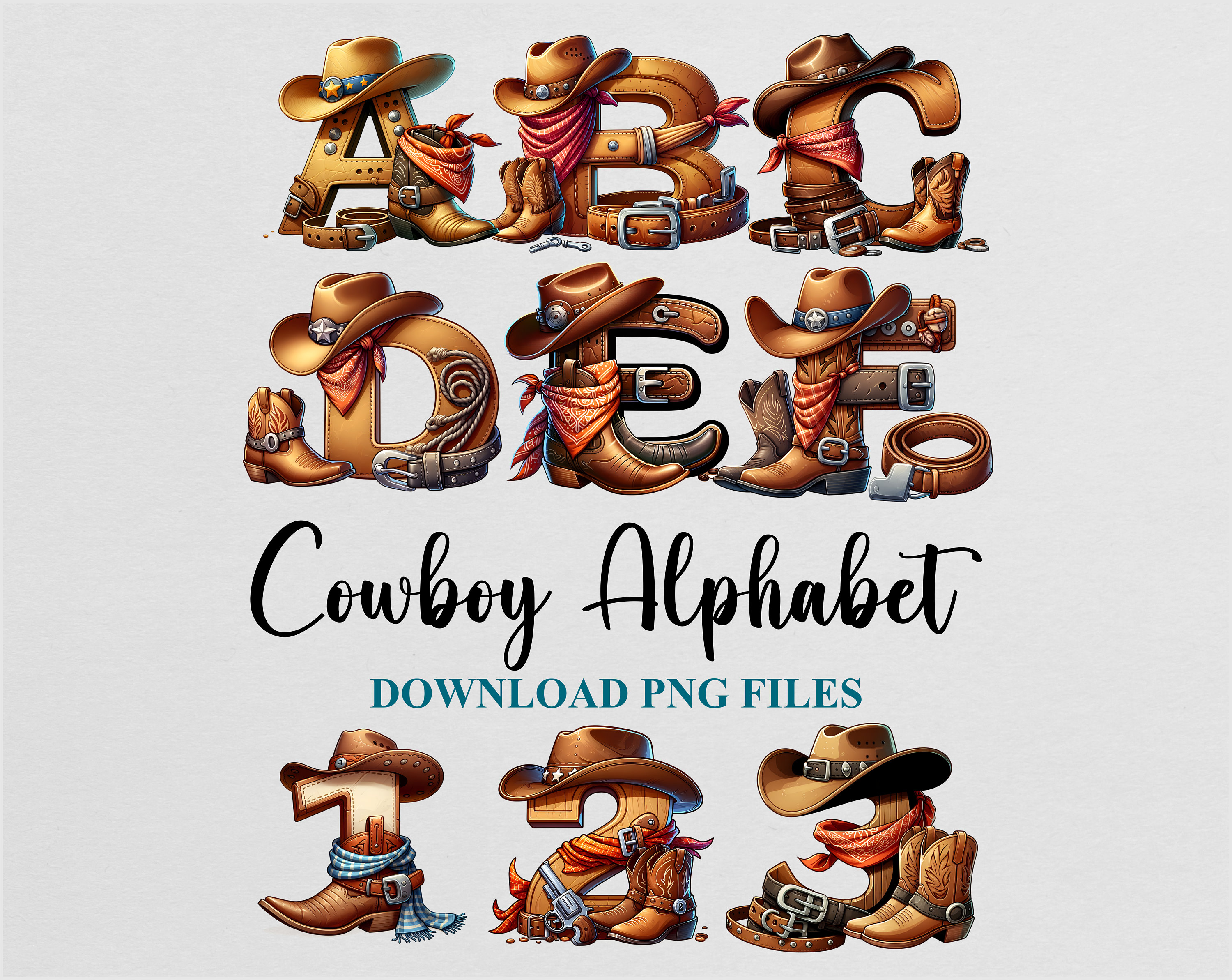 Cowboy Western Letters Alphabet Cliparts Watercolor Sublimation PNG ...