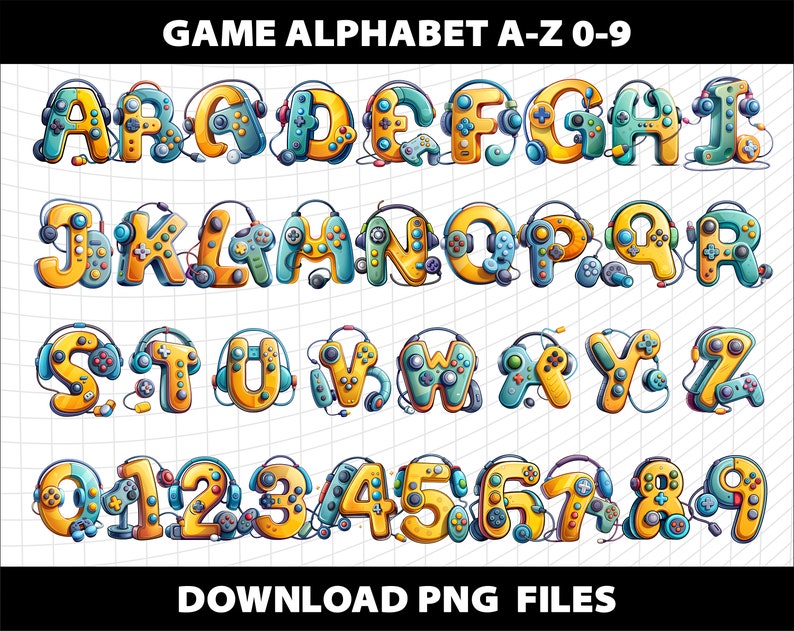 Gamer Letters Alphabet Numbers Bundle Joystick and Earphones Cliparts ...
