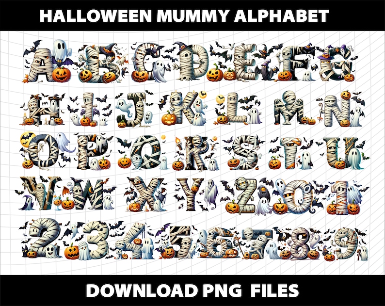 Halloween Mummy Spooky Alphabet Letters Cliparts Sublimation PNG Doodle ...