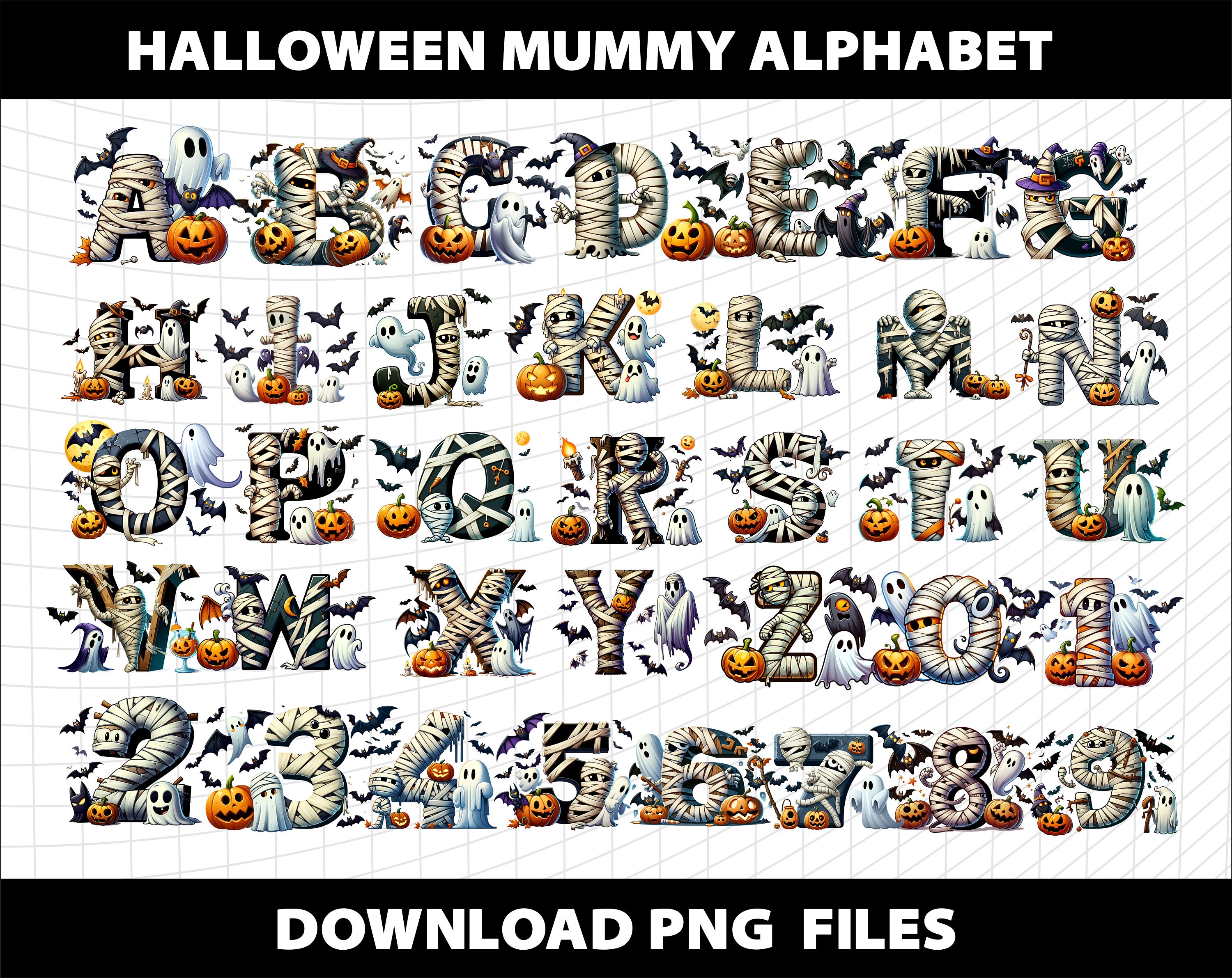 Halloween Mummy Spooky Alphabet Letters Cliparts Sublimation PNG Doodle ...