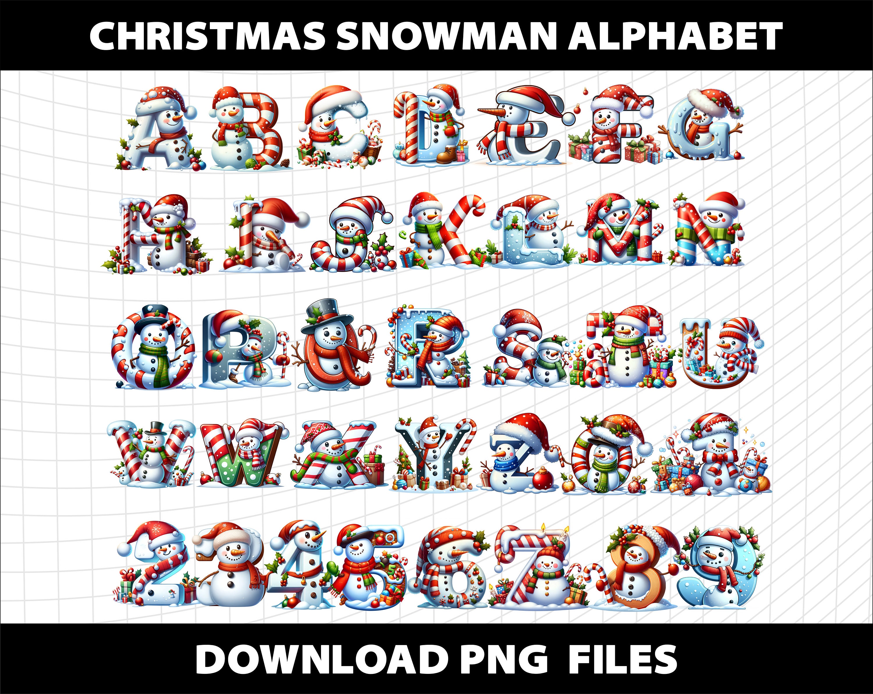 Christmas Snowman Alphabet Letters Cliparts Sublimation PNG DTF Design ...