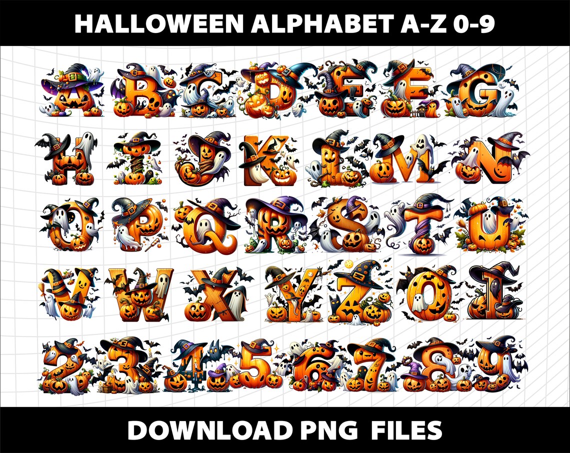 Halloween Pumpkin Alphabet Letters Watercolor Cliparts Sublimation PNG ...