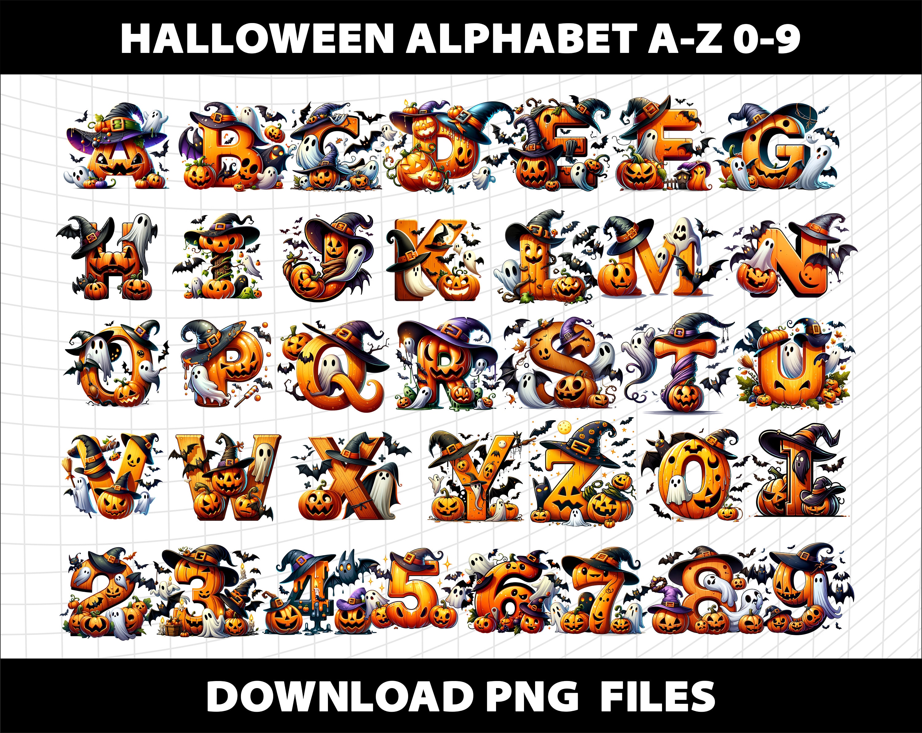 Halloween Pumpkin Alphabet Letters Watercolor Cliparts Sublimation PNG ...