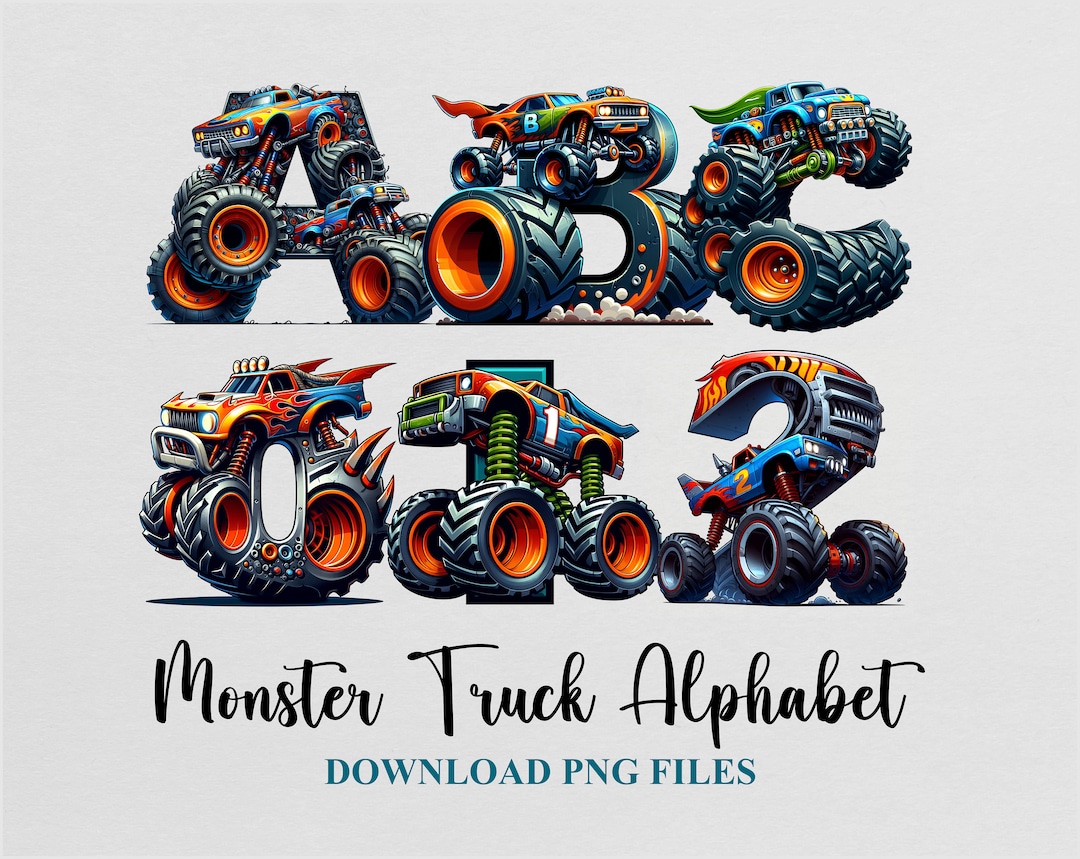 Monster Truck Alphabet Letters Watercolor Cliparts Birthday Party DTF ...