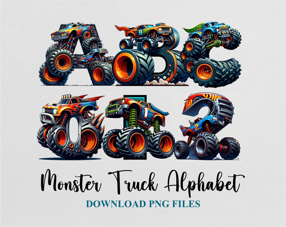 Monster Truck Alphabet Letters Watercolor Cliparts Birthday Party DTF ...