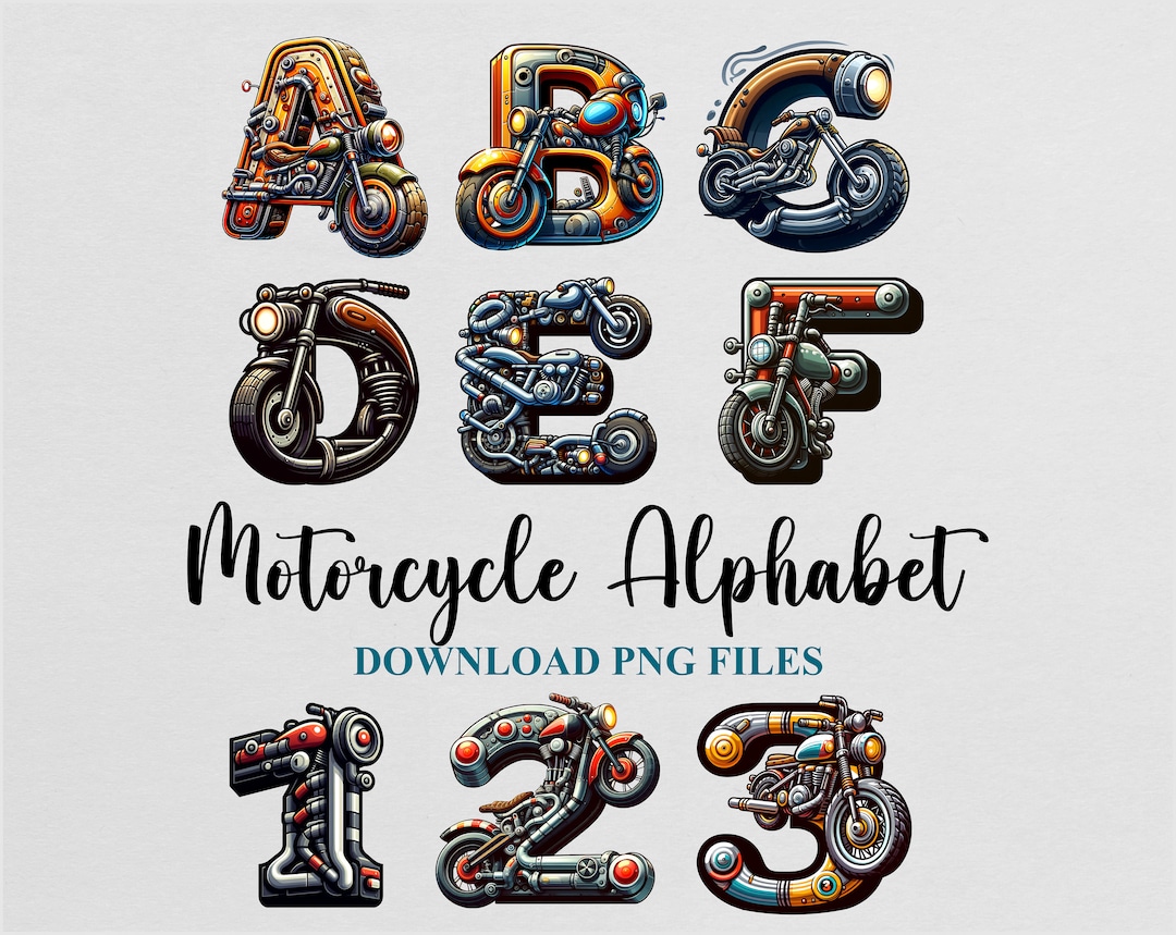 Motorcycle Alphabet Letters Motorbike Cliparts Sublimation PNG Doodle ...