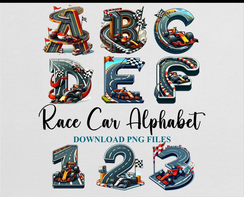F1 Race Car Road Alphabet Letters Watercolor Cliparts Birthday Party ...