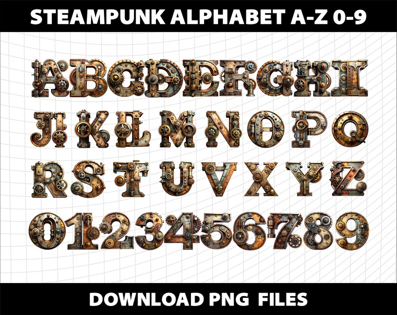 Steampunk Cliparts Alphabet Vintage Old Antique Png Template Bundle Design Download Digital File ...