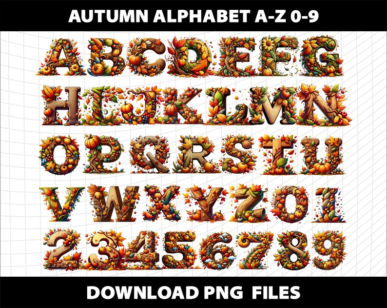 Autumn Fall Alphabet Letters Watercolor Cliparts Sublimation PNG Doodle ...
