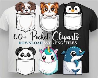Pocket T-shirt Animals Cliparts 60+ PNG SVG Bundle Sublimation DTF ...