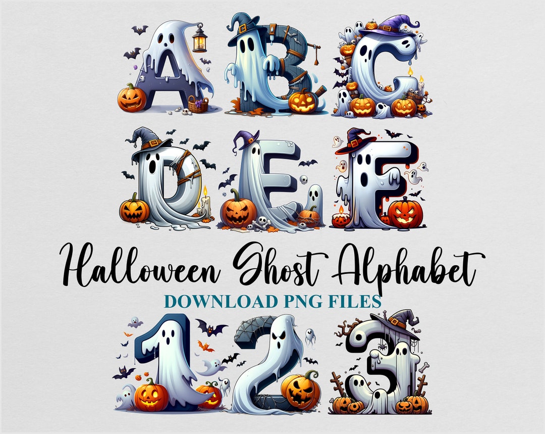 Halloween Ghost Spooky Alphabet Letters Cliparts Sublimation PNG Doodle ...