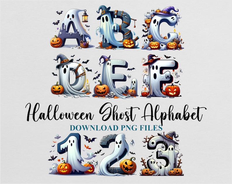 Halloween Ghost Spooky Alphabet Letters Cliparts Sublimation PNG Doodle ...