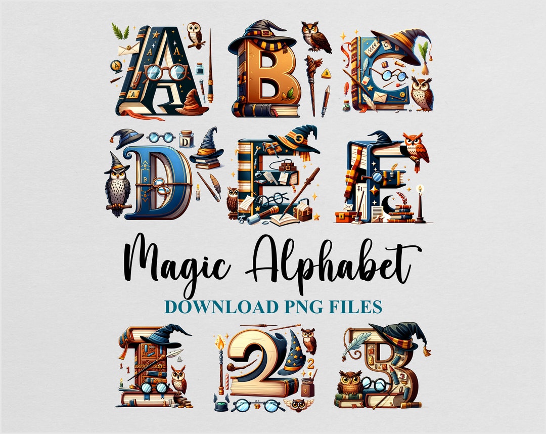 Magic School Wizard Fantasy Book Letters Alphabet Watercolor Birthday ...