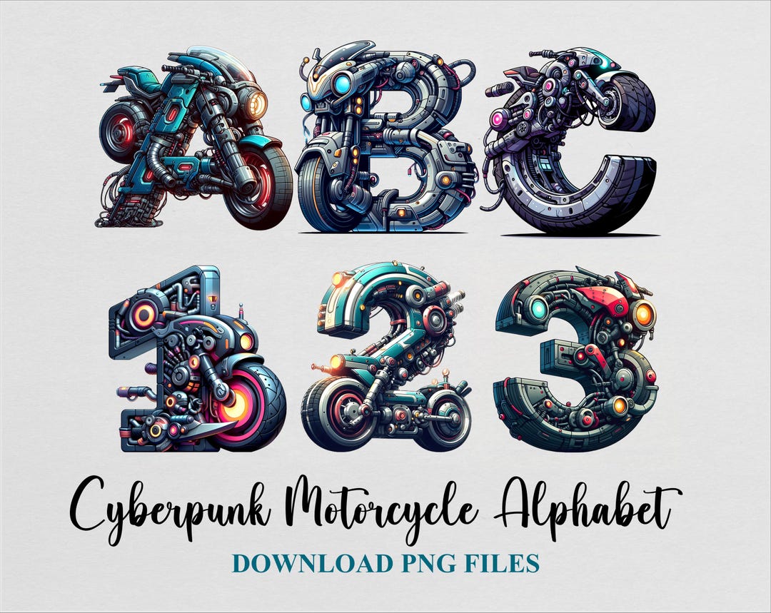 Cyberpunk Motorcycle Alphabet Letters Motorbike Clipart Sublimation PNG ...