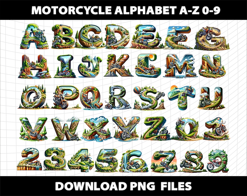 Motorcycle Landscape Mountain Off-road Alphabet Letters Cliparts ...