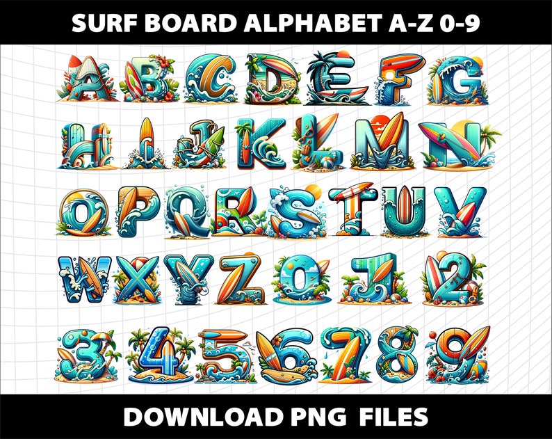 Surf Board Summer Beach Letters Alphabet Numbers Cliparts Sublimation ...