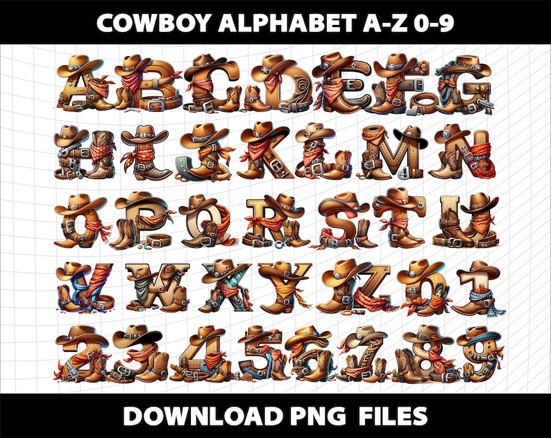 Cowboy Western Letters Alphabet Cliparts Watercolor Sublimation PNG ...