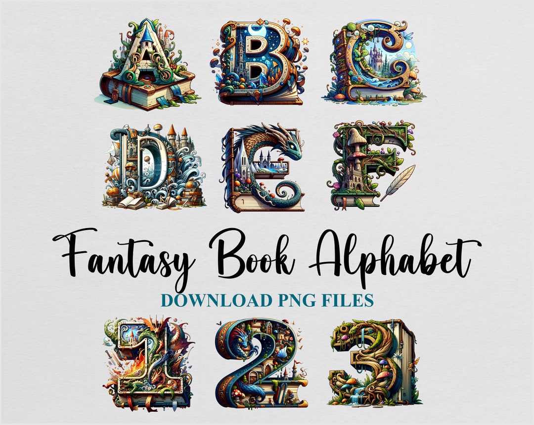 Fantasy Book Letters Alphabet Numbers Cliparts Bundle Sublimation PNG ...