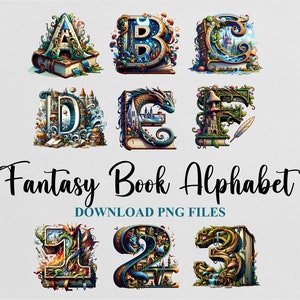 Fantasy Book Letters Alphabet Numbers Cliparts Bundle Sublimation PNG ...