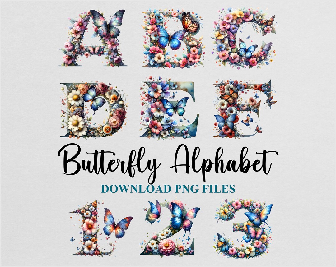 Watercolor Butterfly Flowers Letters Alphabet Cliparts Sublimation PNG ...