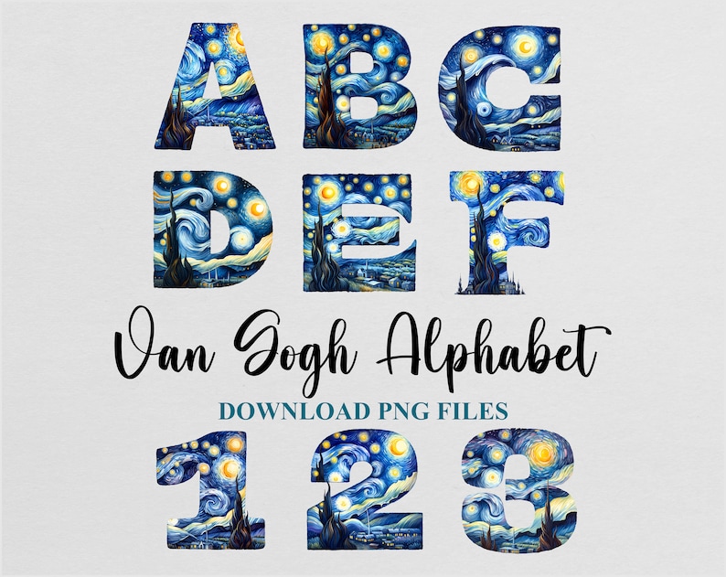 Van Gogh Style Letters Alphabet Cliparts Watercolor Sublimation the ...