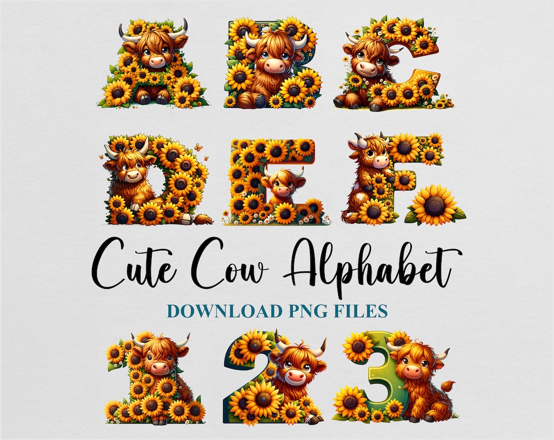 Highland Cow Cliparts Sunflower Letters Alphabet Cute Baby Watercolor ...