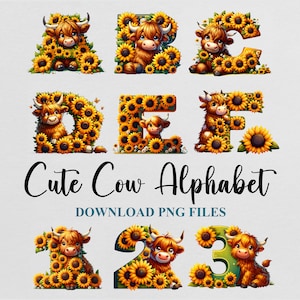 Highland Cow Cliparts Sunflower Letters Alphabet Cute Baby Watercolor ...