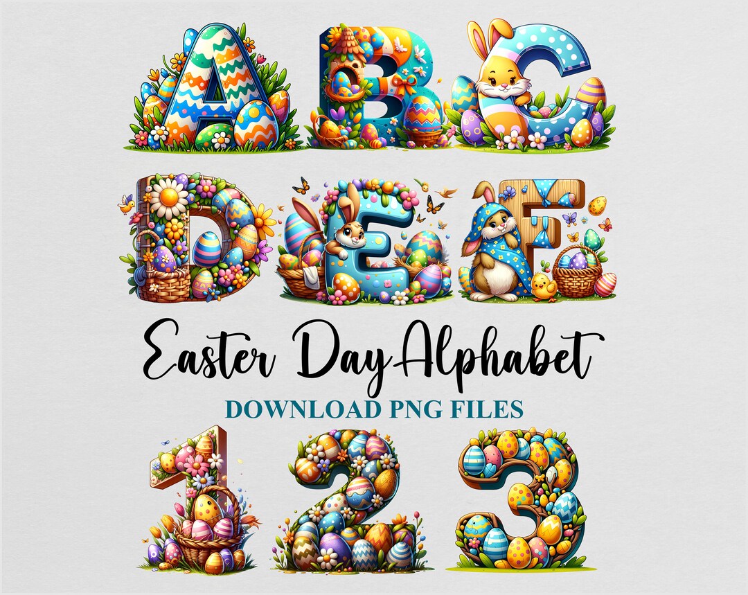 Easter Day Alphabet Letters Cliparts Egg Bunny Sublimation PNG Doodle ...