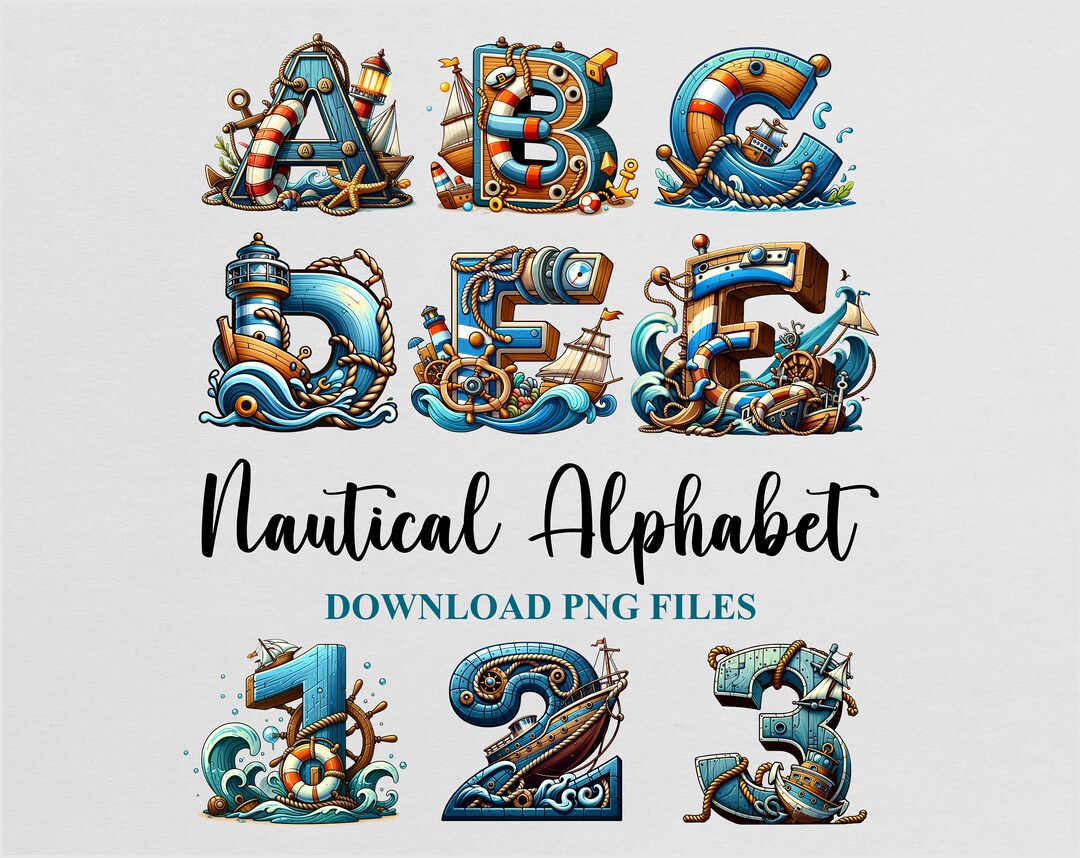 Nautical Sailing Letters Alphabet Numbers Cliparts Bundle Sublimation ...