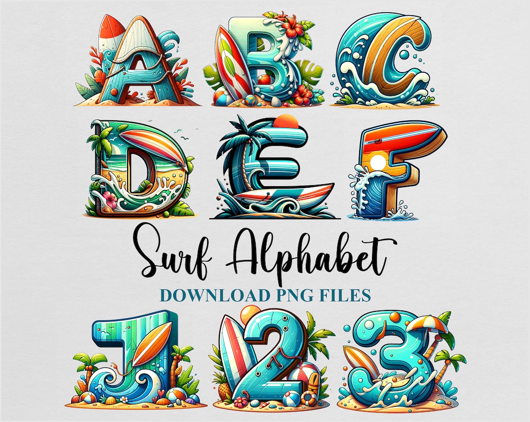 Surf Board Summer Beach Letters Alphabet Numbers Cliparts Sublimation ...
