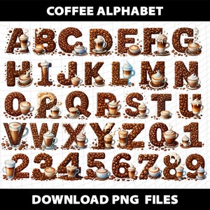 Coffee Letters Alphabet Numbers Cliparts Bundle Sublimation PNG Design ...