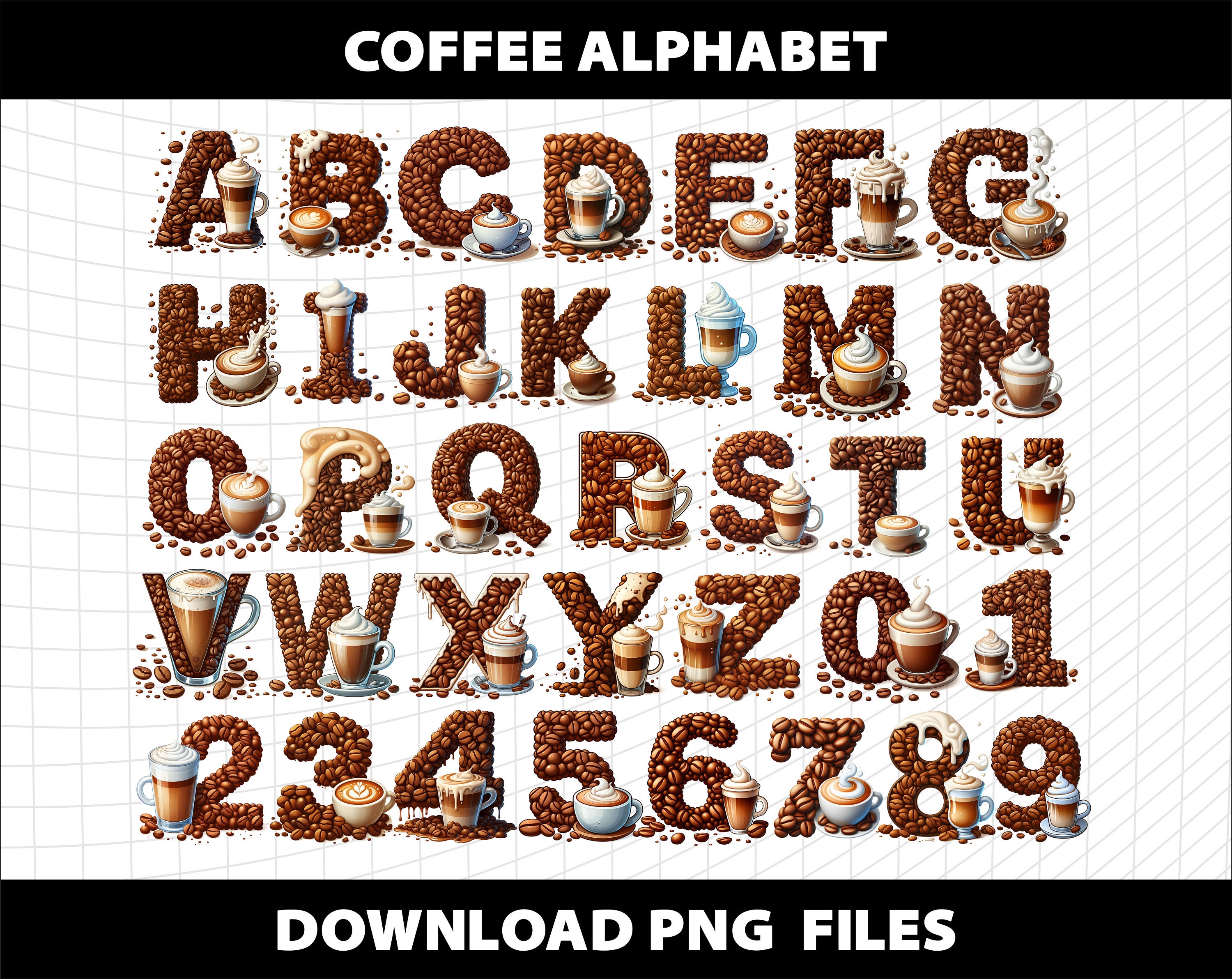 Coffee Letters Alphabet Numbers Cliparts Bundle Sublimation PNG Design ...