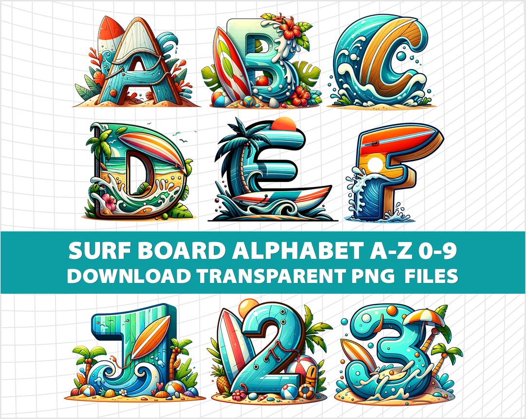 Surf Board Summer Beach Letters Alphabet Numbers Clipart Sublimation ...