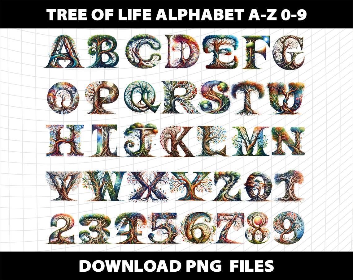 Tree of Life Letters Alphabet Cliparts Watercolor Sublimation PNG ...